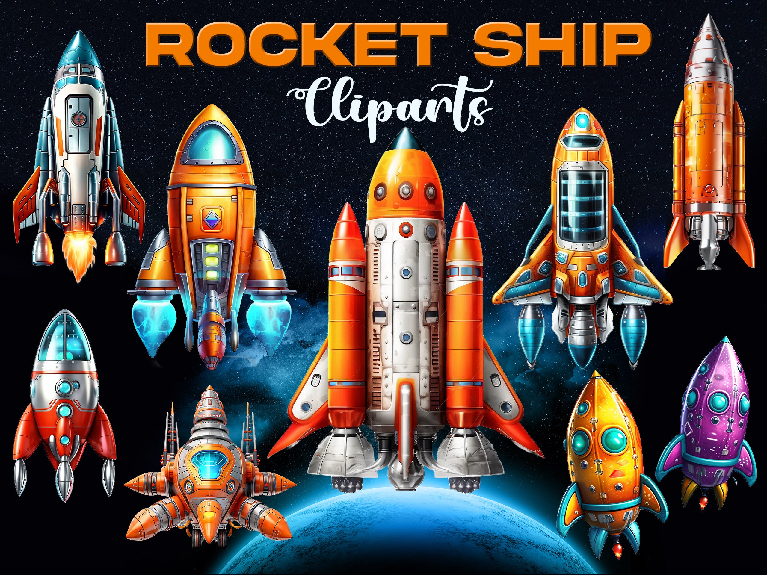 Rocket Ship Clip Art- 30 PNG Images 300dpi - Rocket Ships, Outer Space ...