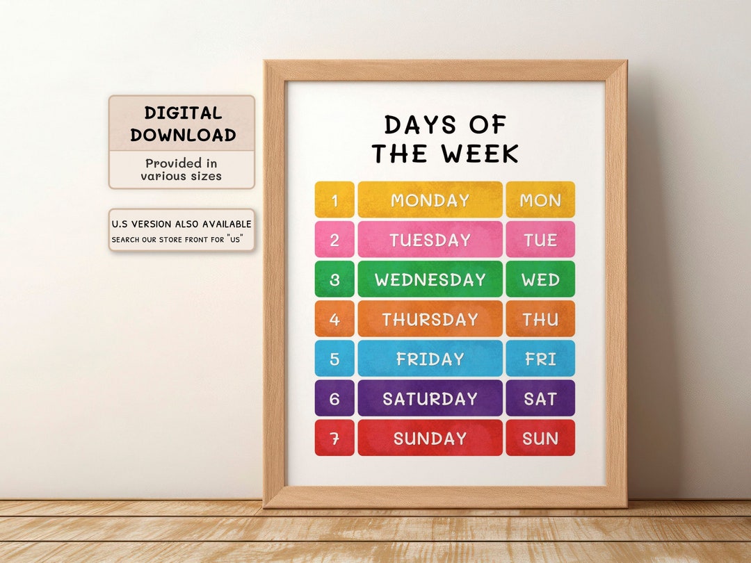 Days of the Week Poster Educational Poster Classroom Poster - Etsy