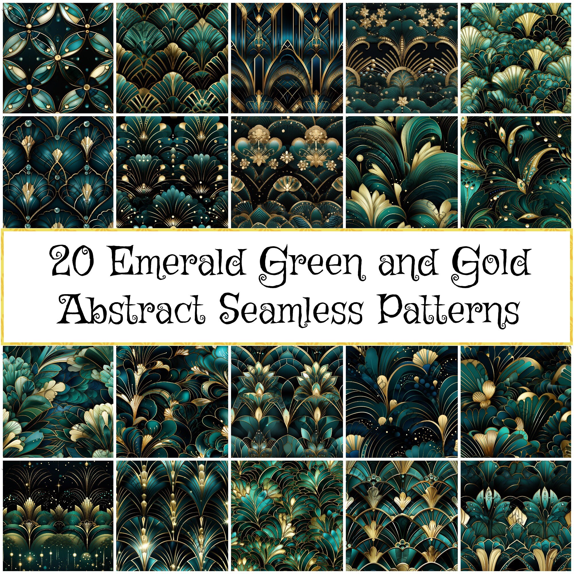 Emerald Green and Gold Abstract Art Deco Patterns - Seamless Geometric ...