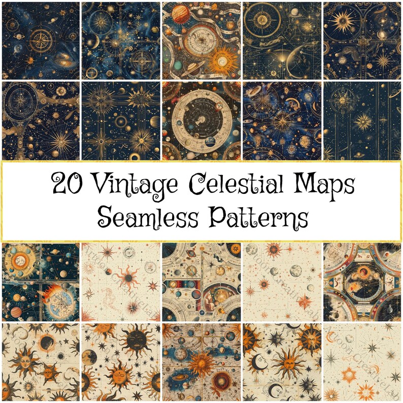 Vintage Celestial Maps Pattern Set, Beautiful Seamless Designs for Home ...