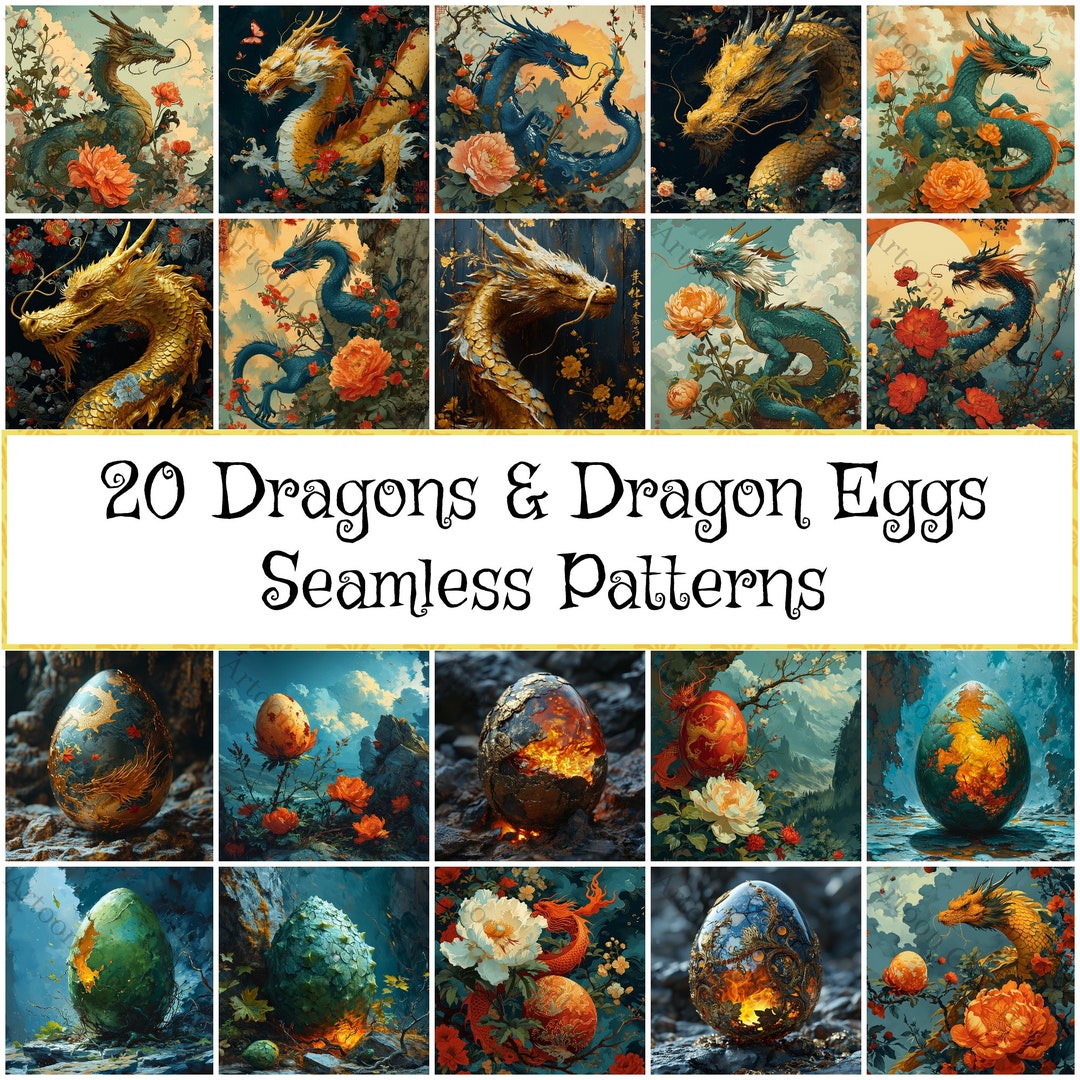 Dragon and Dragon Egg Seamless Pattern Collection - Enchanting Digital ...