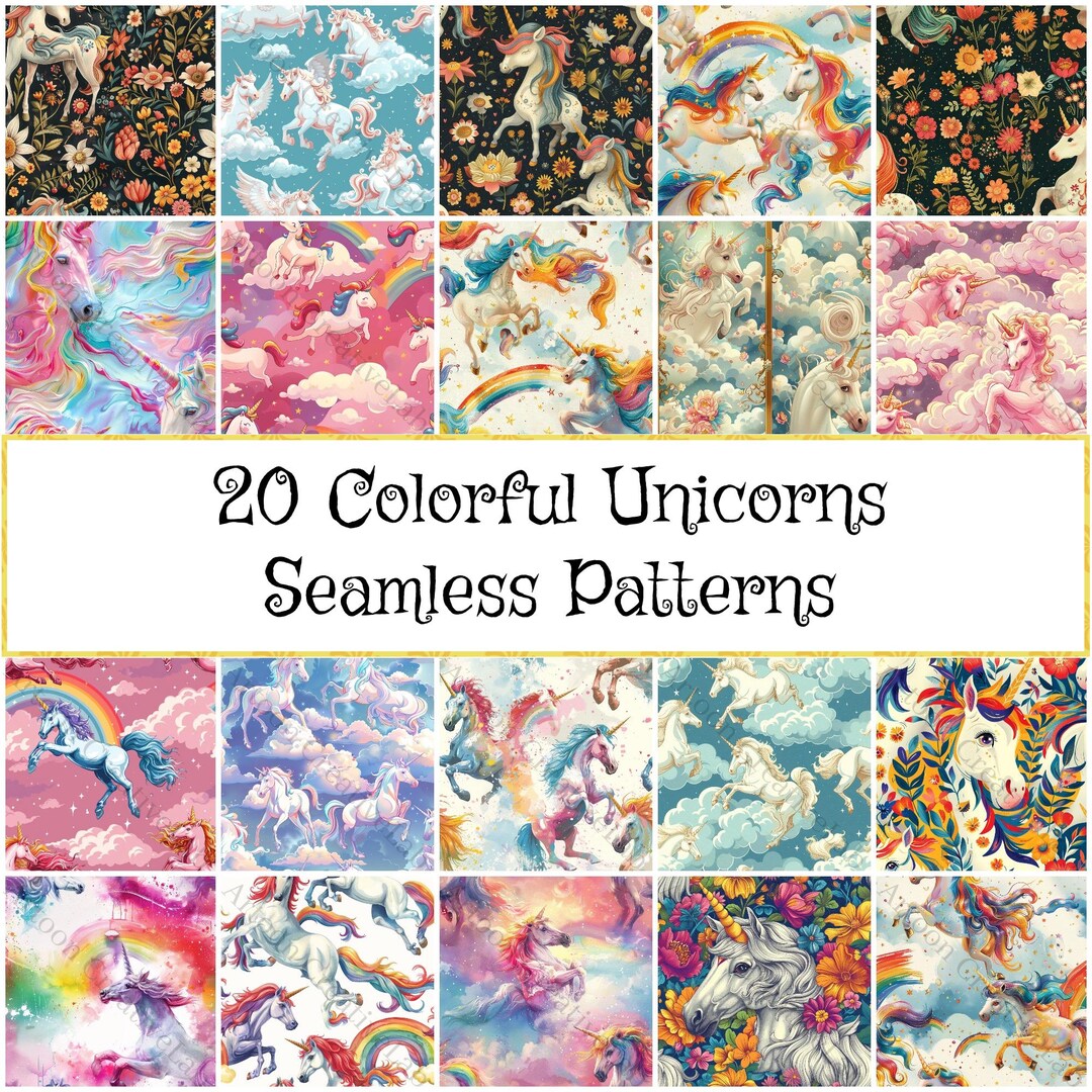 Colorful Unicorns Seamless Patterns Pack, Vibrant Clipart Designs for ...