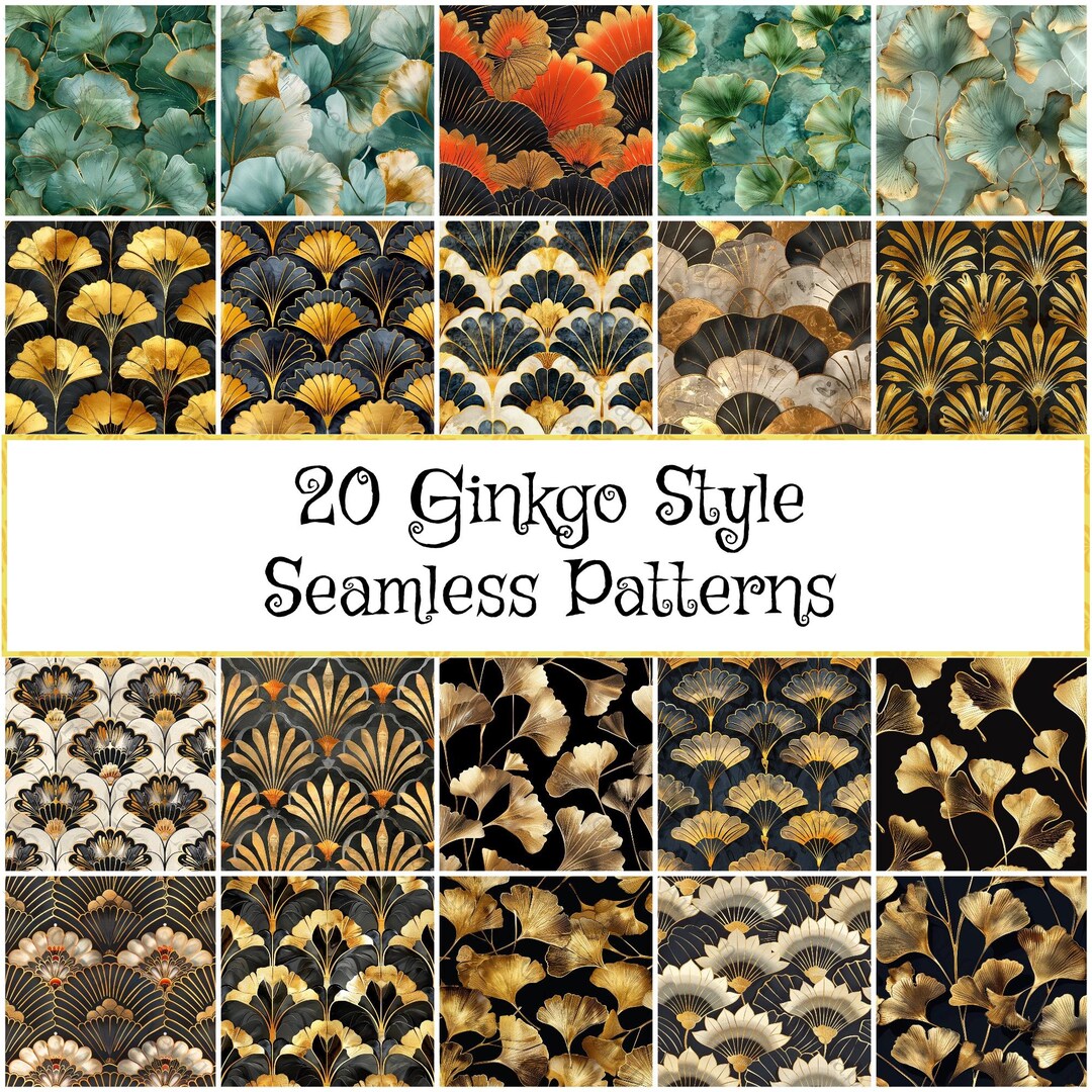 Ginkgo Style Seamless Patterns Collection, Stylish Floral Graphics for ...
