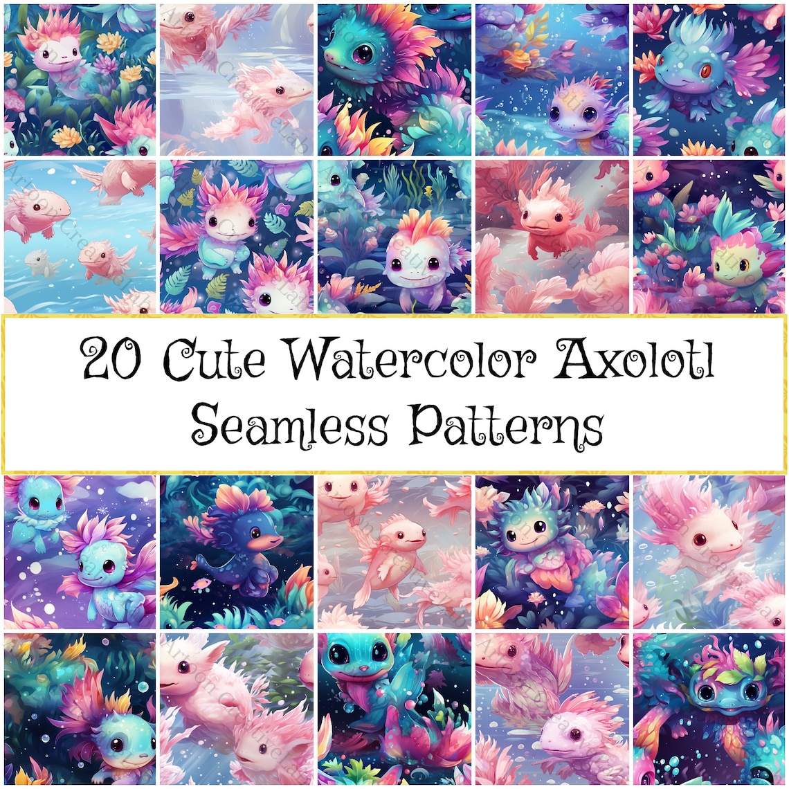 Adorable Axolotl Watercolor Patterns, Cute Digital Design, Seamless ...