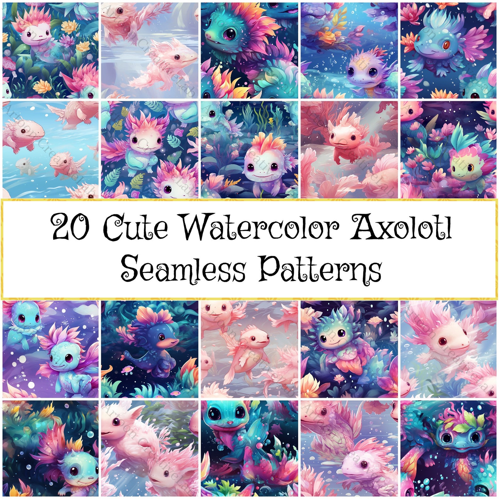 Adorable Axolotl Watercolor Patterns, Cute Digital Design, Seamless ...