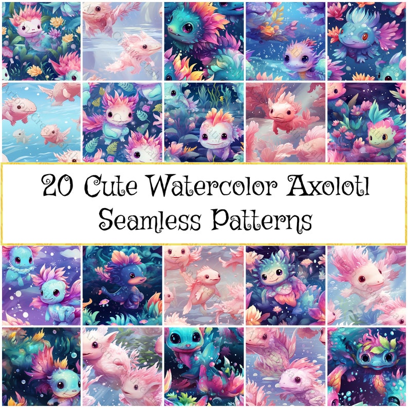 Adorable Axolotl Watercolor Patterns, Cute Digital Design, Seamless ...