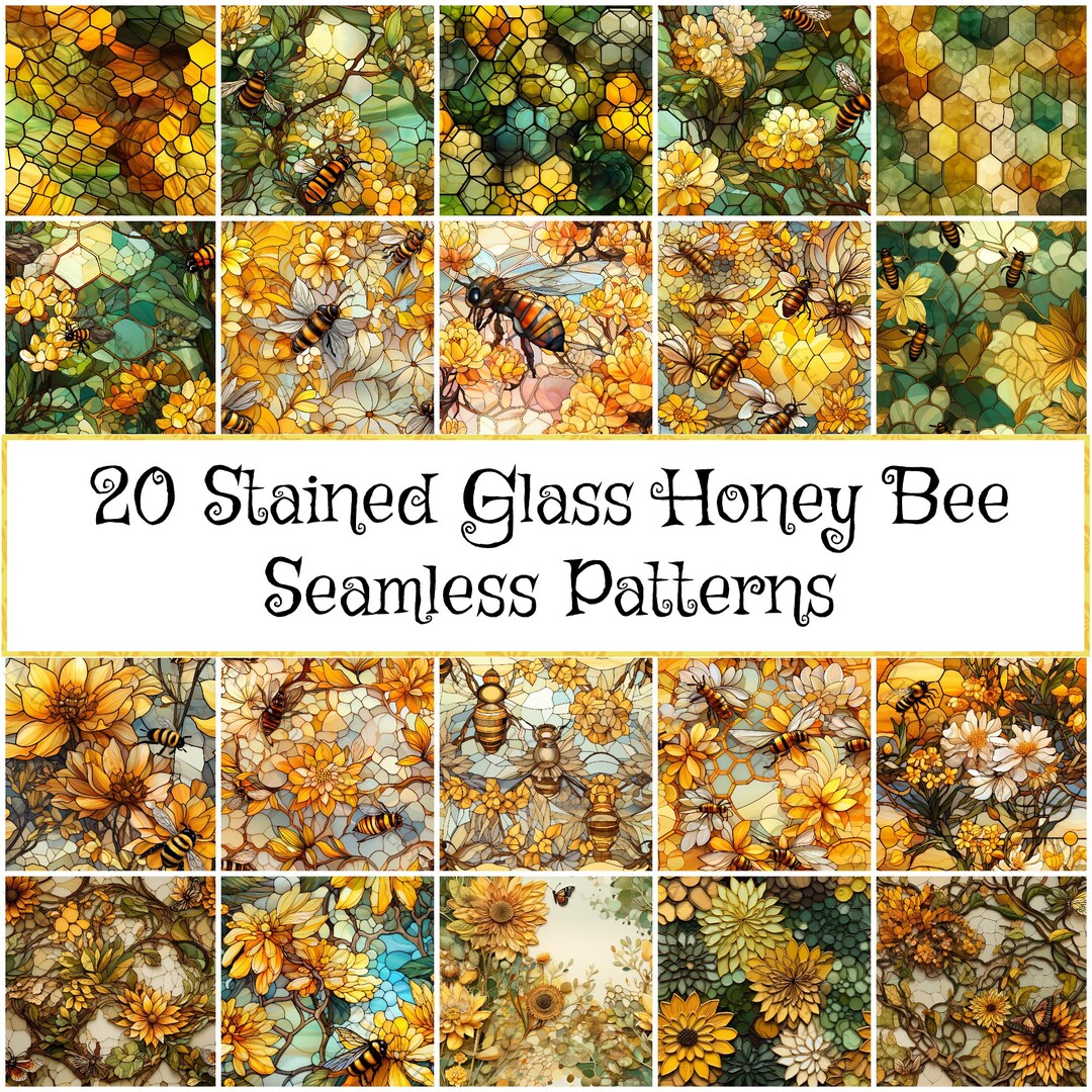 Stained Glass Honey Bees Seamless Patterns - Digital Paper Pack Gold ...