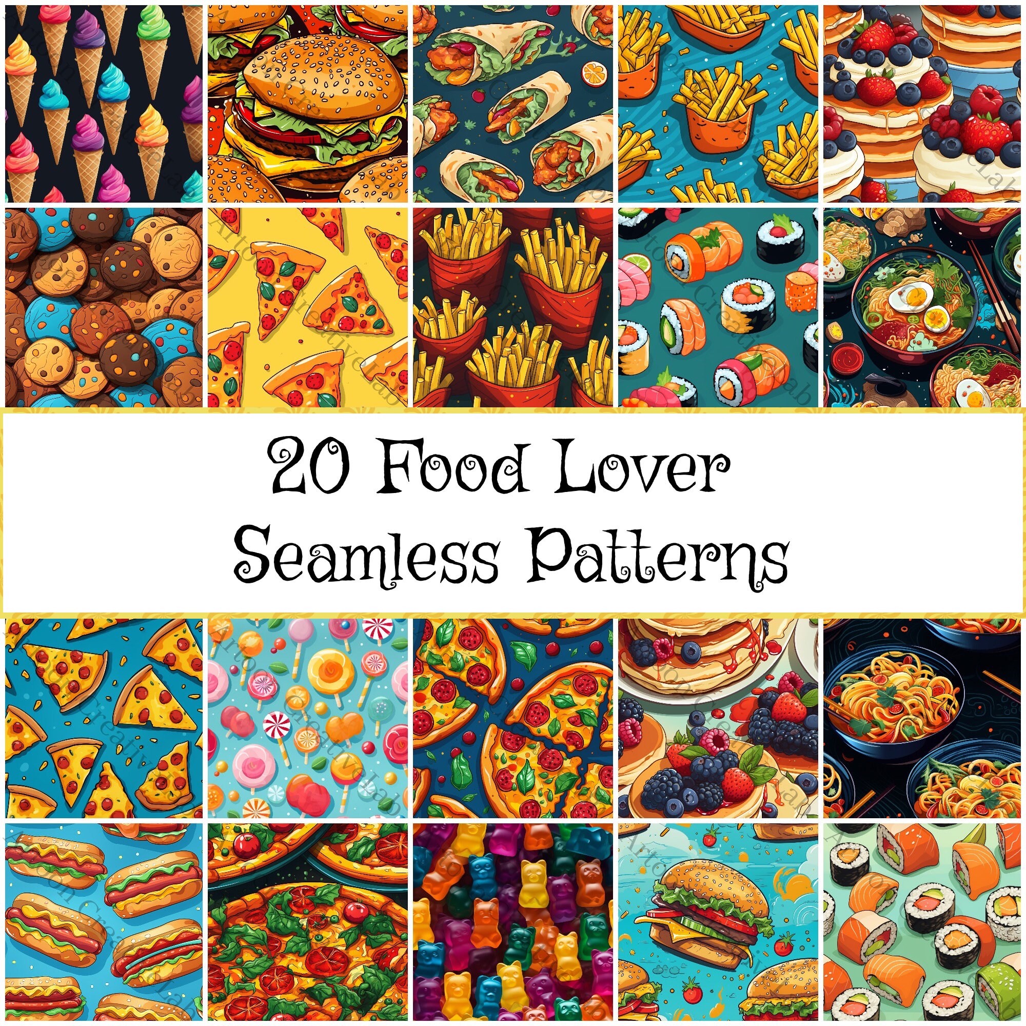 Food Lover Seamless Patterns, Tasty Aesthetics Digital Prints, Food ...