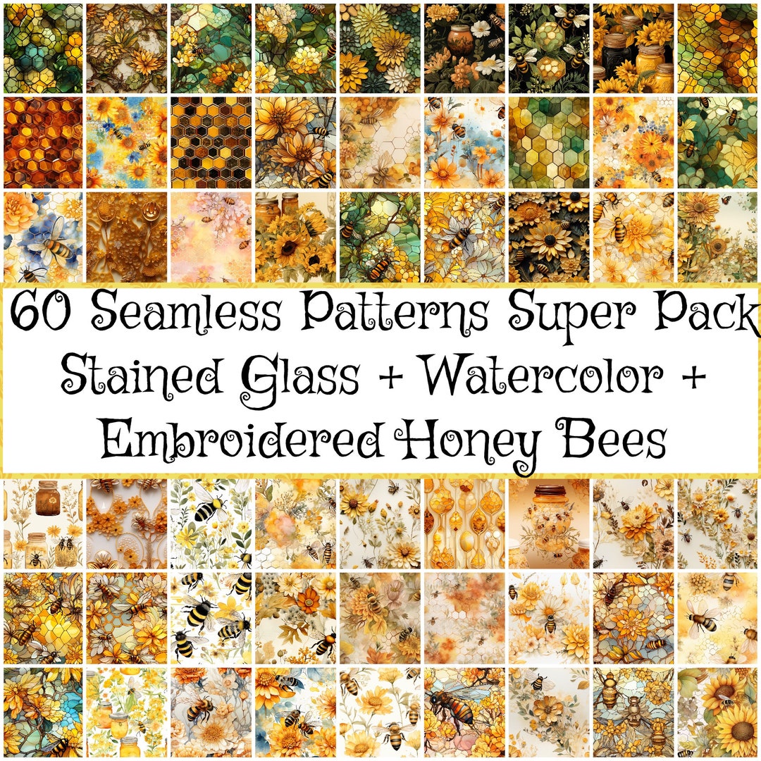 Honey Bees Seamless Patterns Super Pack, Watercolor, Stained Glass and ...