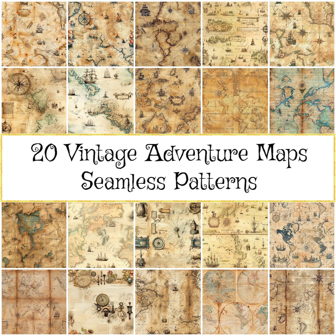 Vintage Ephemera Adventure Maps Patterns Pack, Seamless Designs for ...