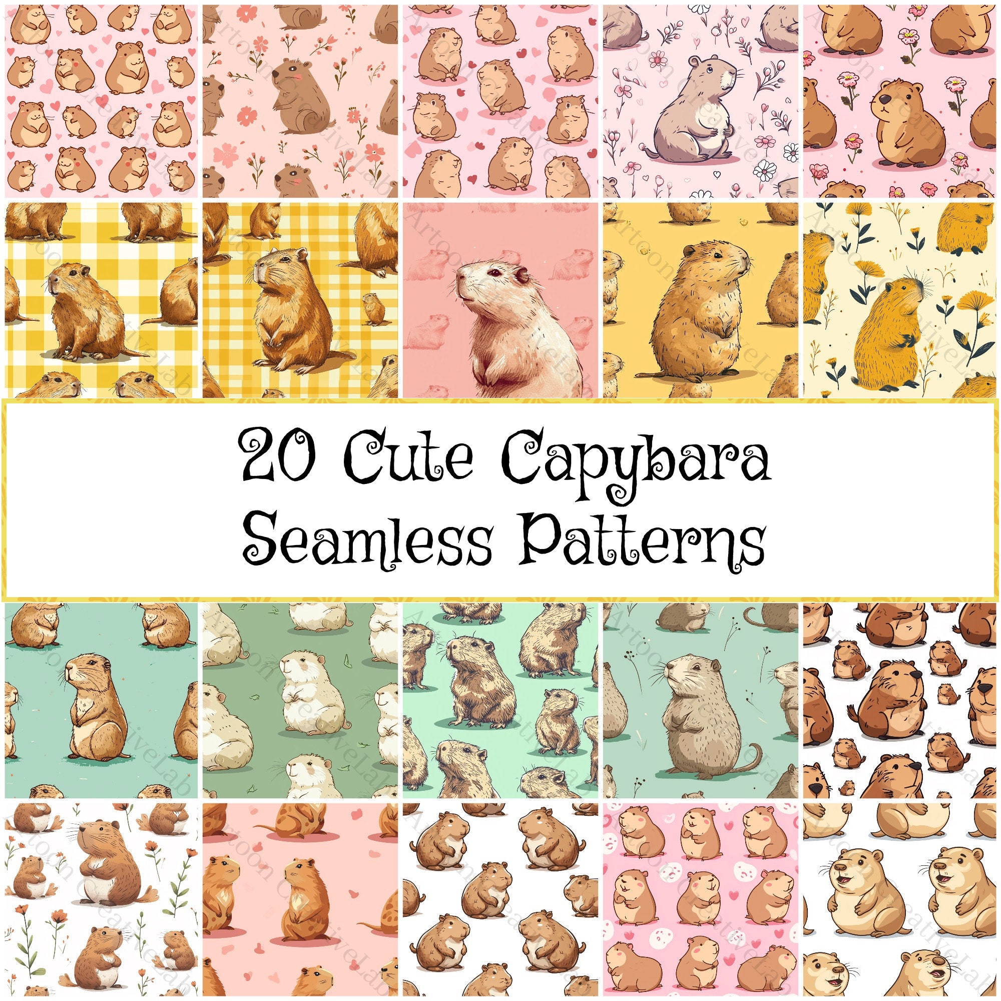 Cute Capybara Seamless Patterns, Kawai Capibara Kit, Ideal for Fabric ...