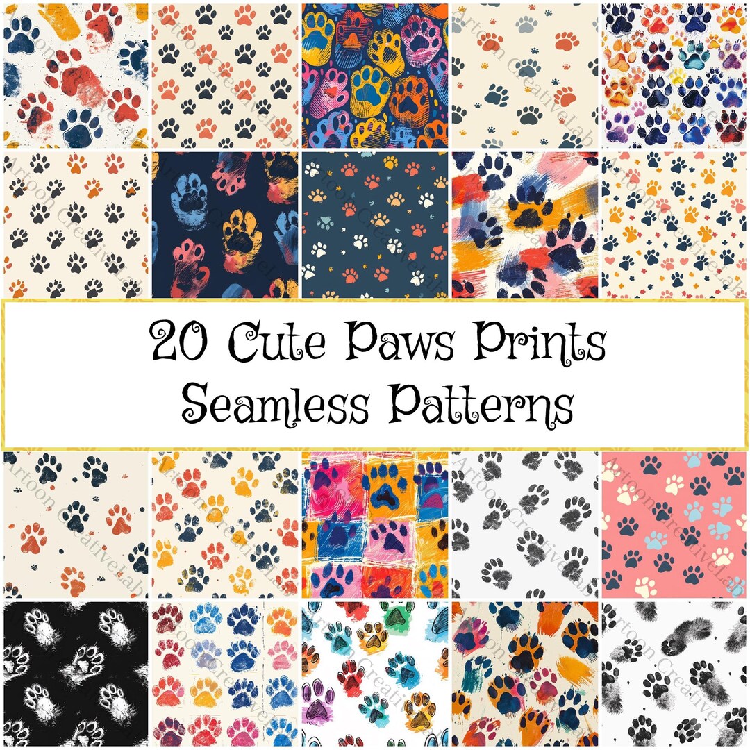 Cute Paws Prints Seamless Patterns Collection, Animal Digital Art ...