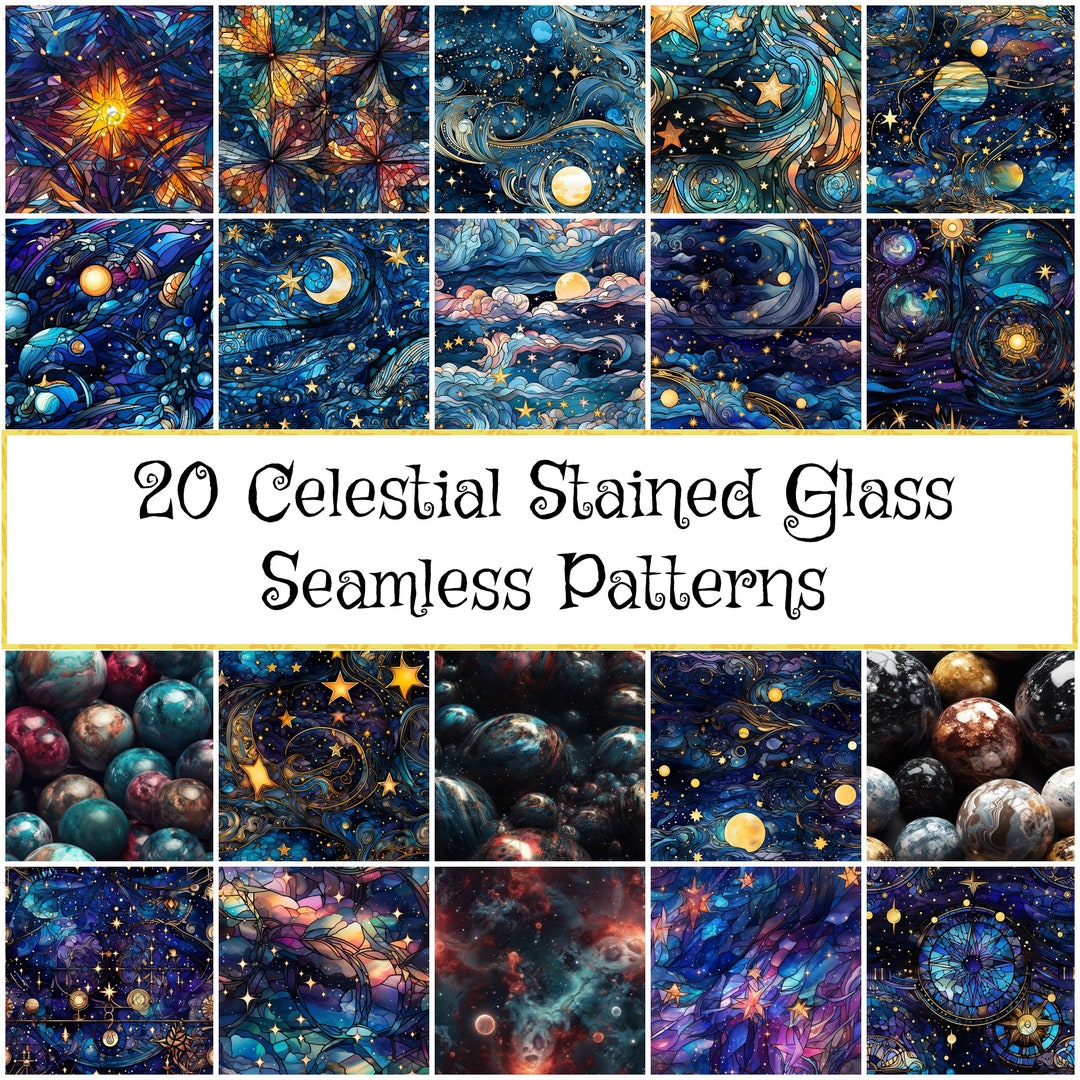 Celestial Stained Glass Digital Paper, Seamless Cosmic Printable ...