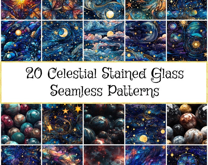 Celestial Stained Glass Digital Paper, Seamless Cosmic Printable ...