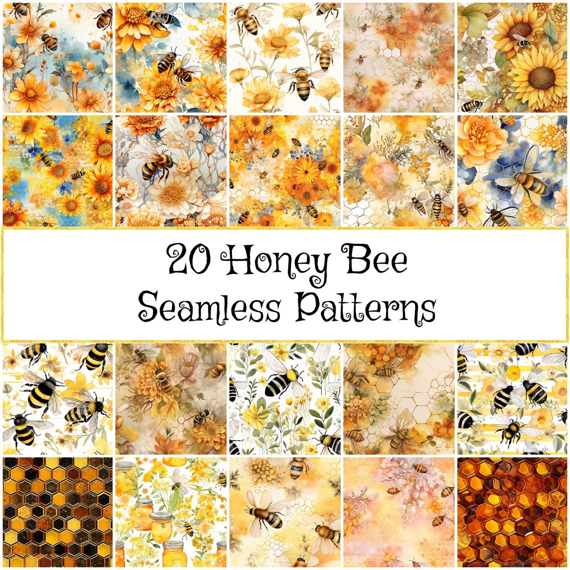 Sunflower Honey Bees Seamless Patterns - Digital Paper Pack Gold Honey ...