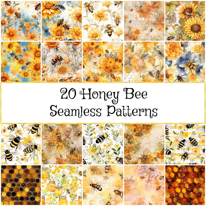 Sunflower Honey Bees Seamless Patterns - Digital Paper Pack Gold Honey ...