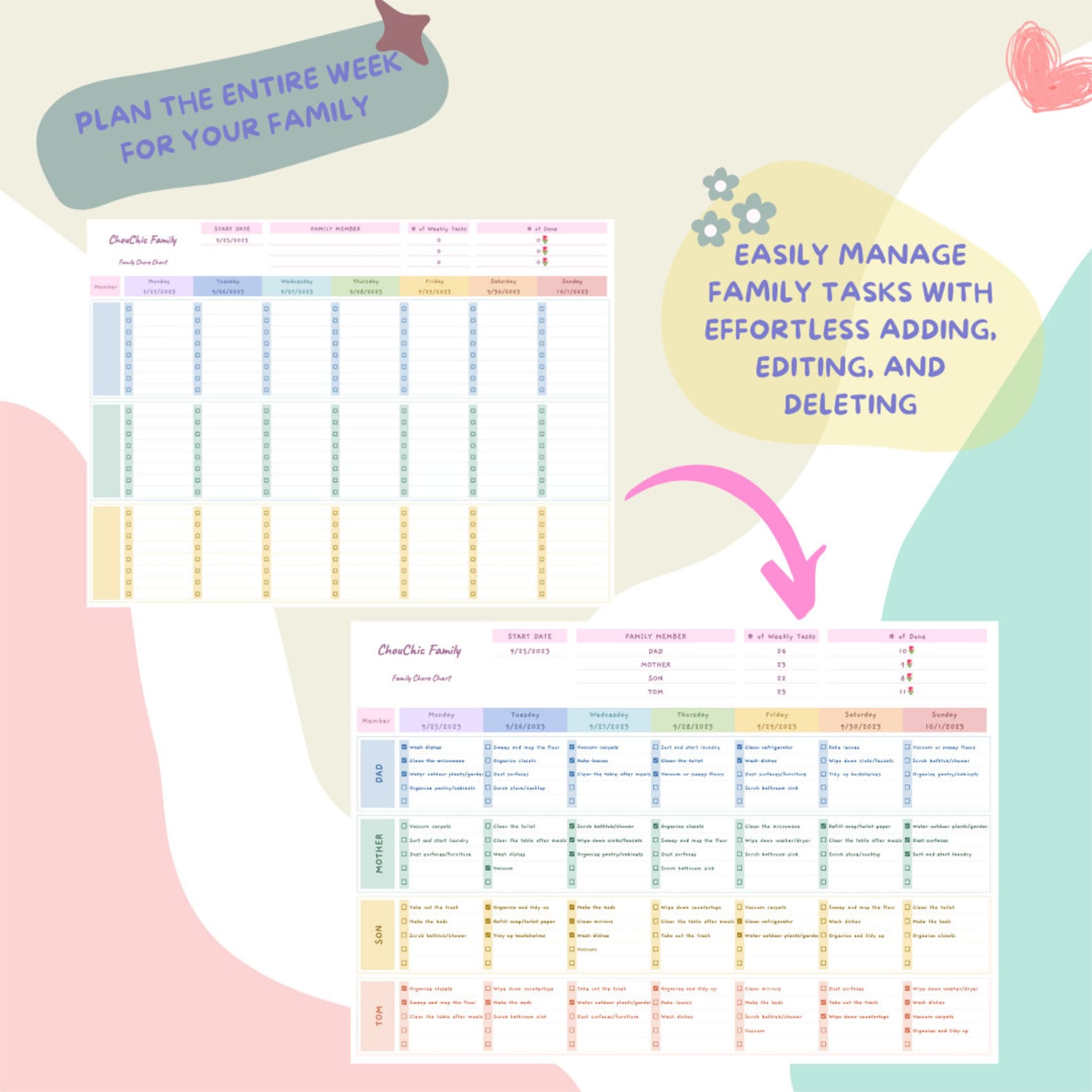 Family Chore Chart, Editable Family Planner, Chore Chart Template, Kid ...