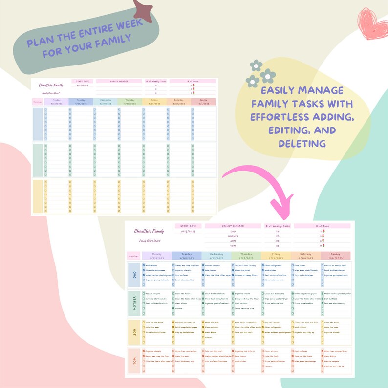 Family Chore Chart, Editable Family Planner, Chore Chart Template, Kid ...