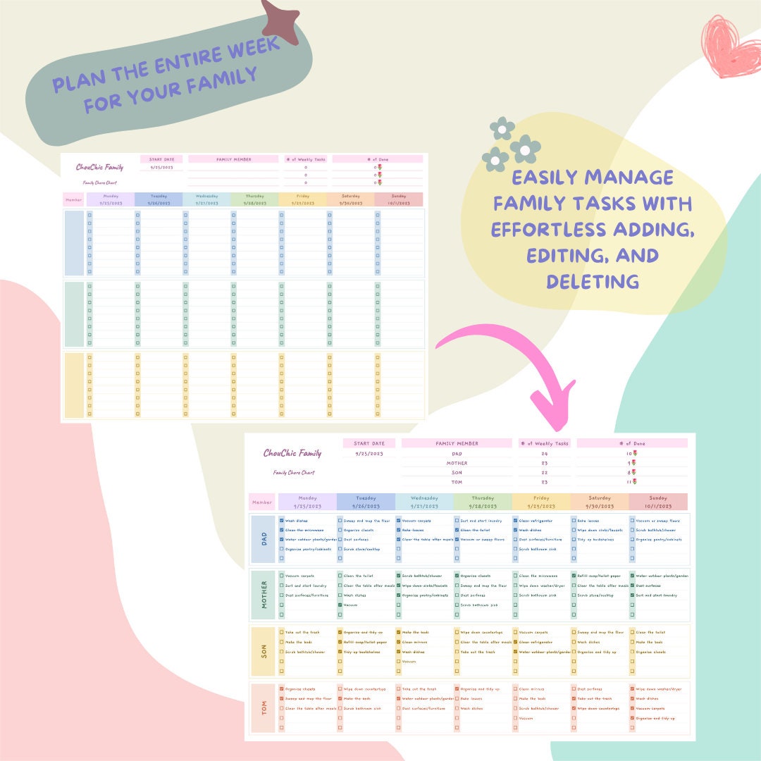 Family Chore Chart, Editable Family Planner, Chore Chart Template, Kid ...