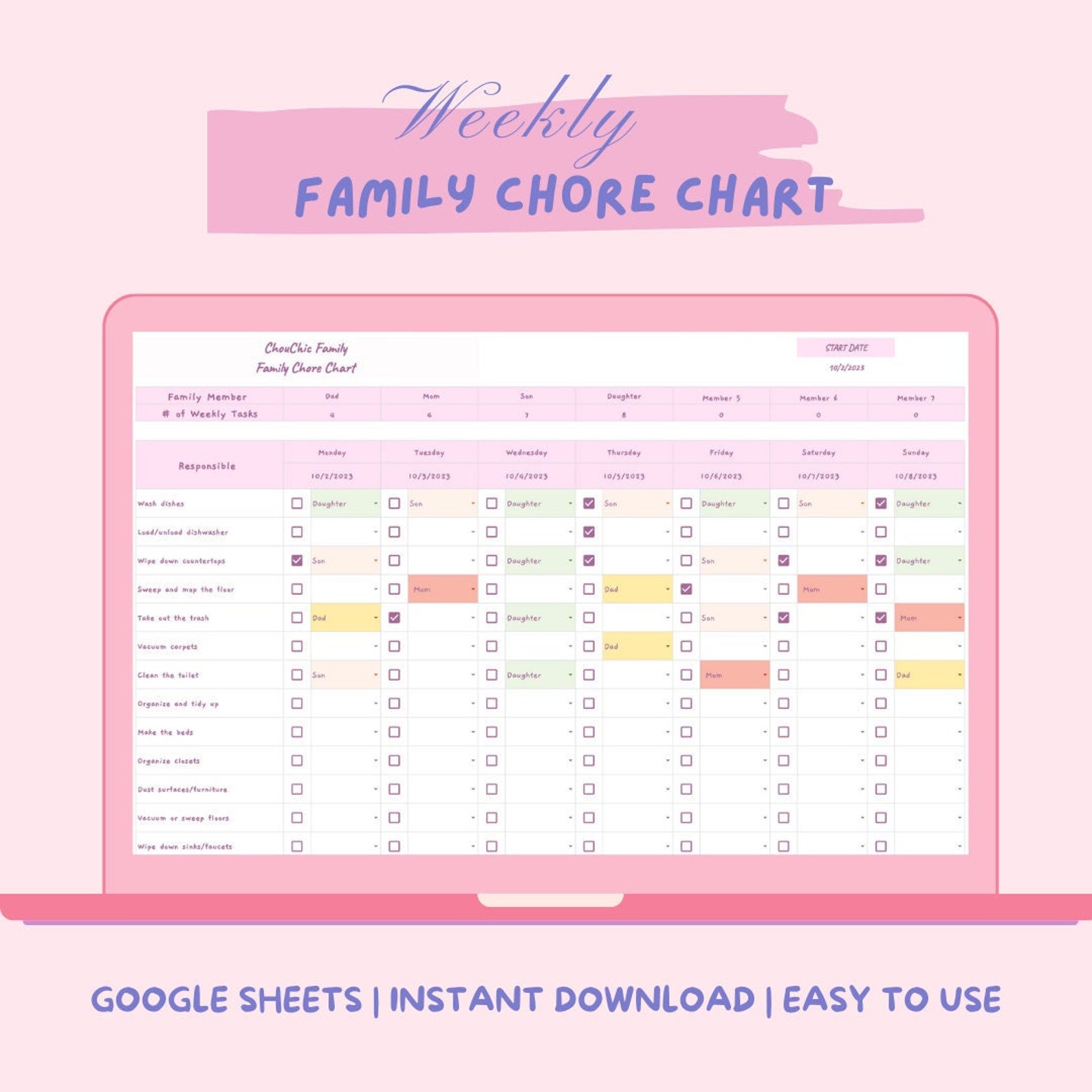 Family Chore Chart, Chore Chart Printable, Kids, Adult Chore Chart ...