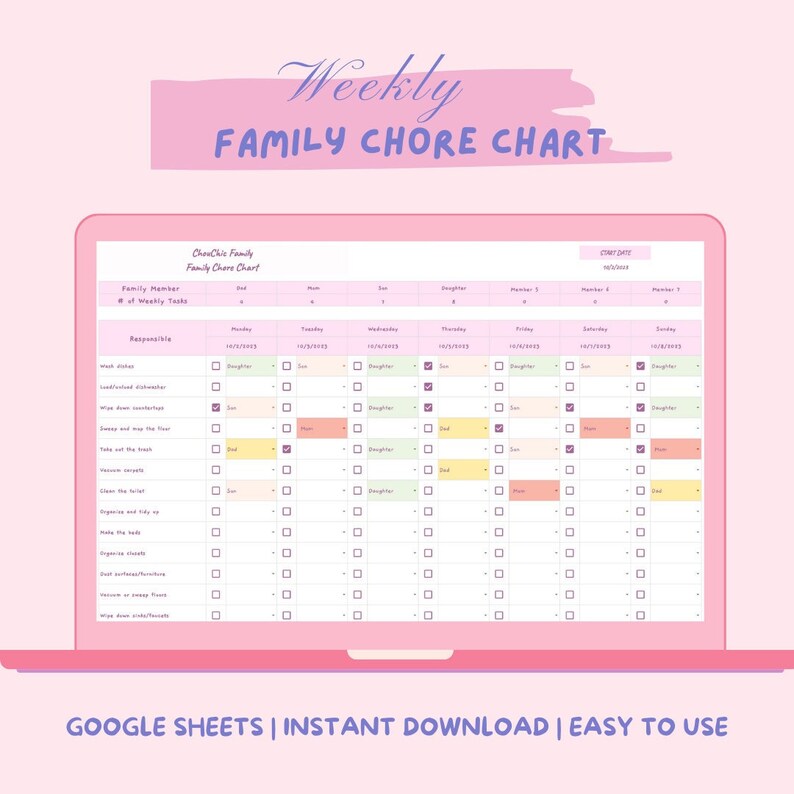 Family Chore Chart, Chore Chart Printable, Kids, Adult Chore Chart ...