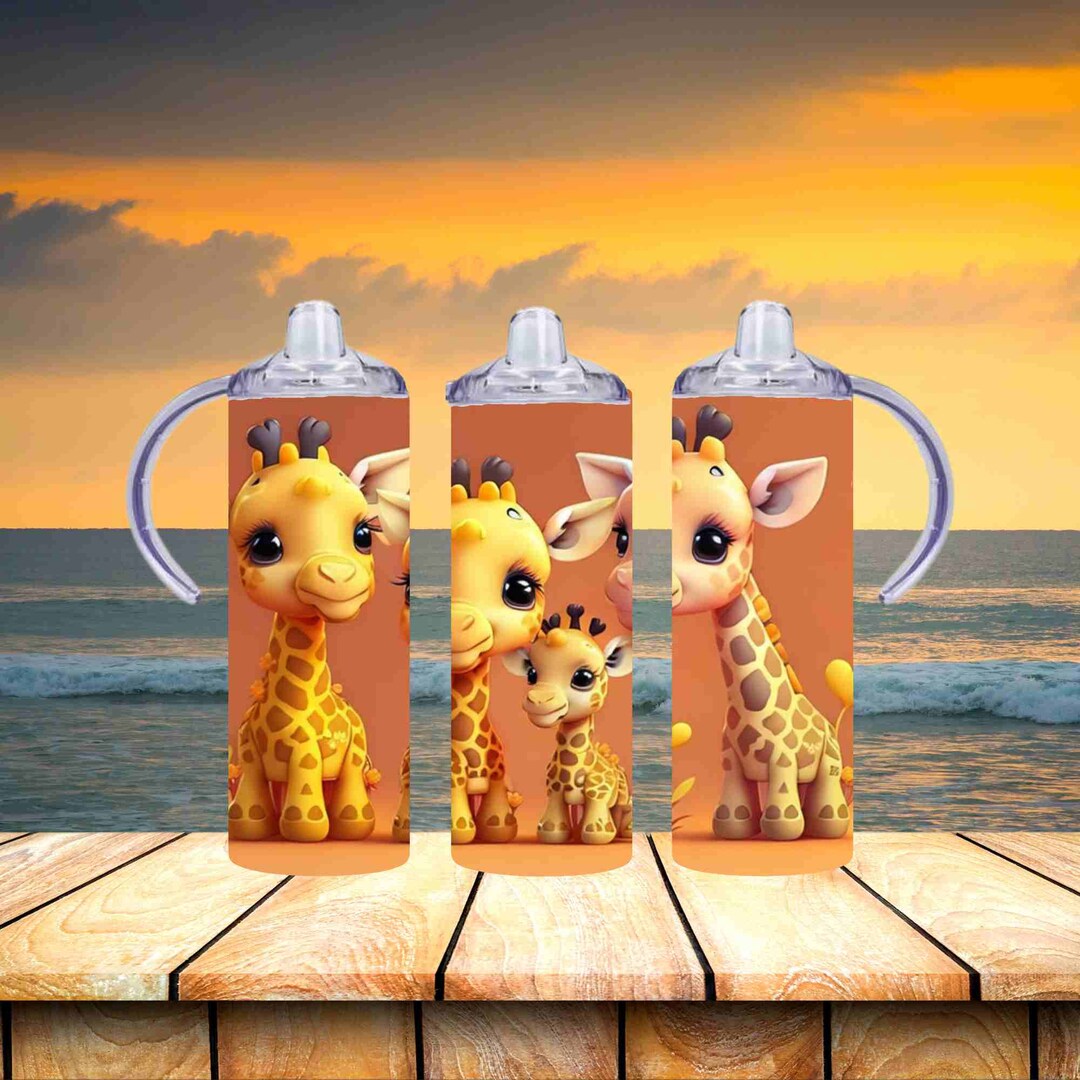 3D Baby Giraffe Family Sippy Cup With Handles Pastel Colored Stainless ...