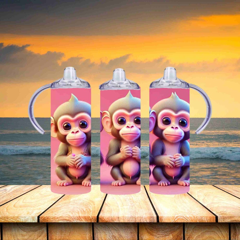 3D Baby Monkeys Sippy Cup With Handles Pastel Colored Stainless Steel ...
