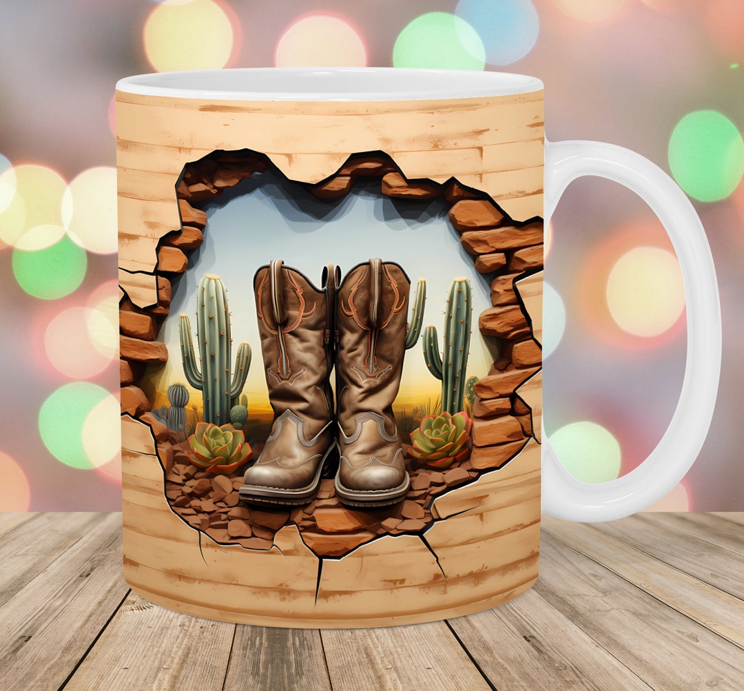 3D Cowboy Boots Hole in A Wall Mug Wrap, 11oz & 15oz Mug Template, Mug ...