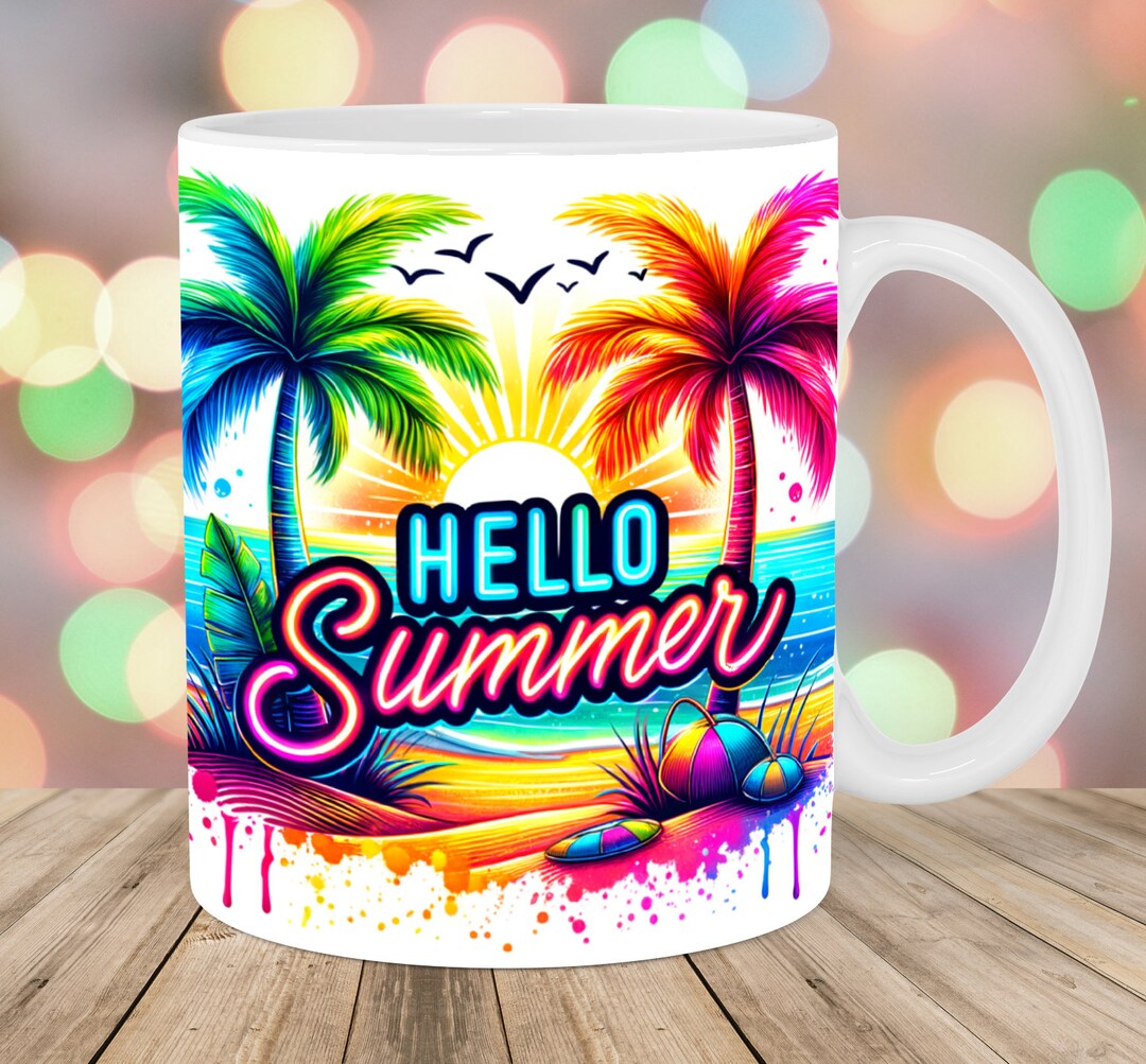 Colorful Neon Hello Summer Mug Wrap, 11oz & 15oz Mug Template, Mug ...