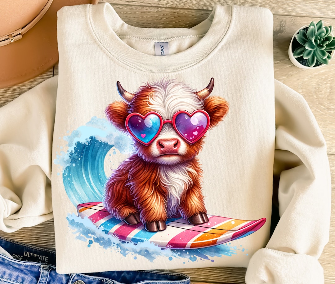 Cute Highland Cow Png, Sublimation Design, Surfing Ping, Summer Png ...