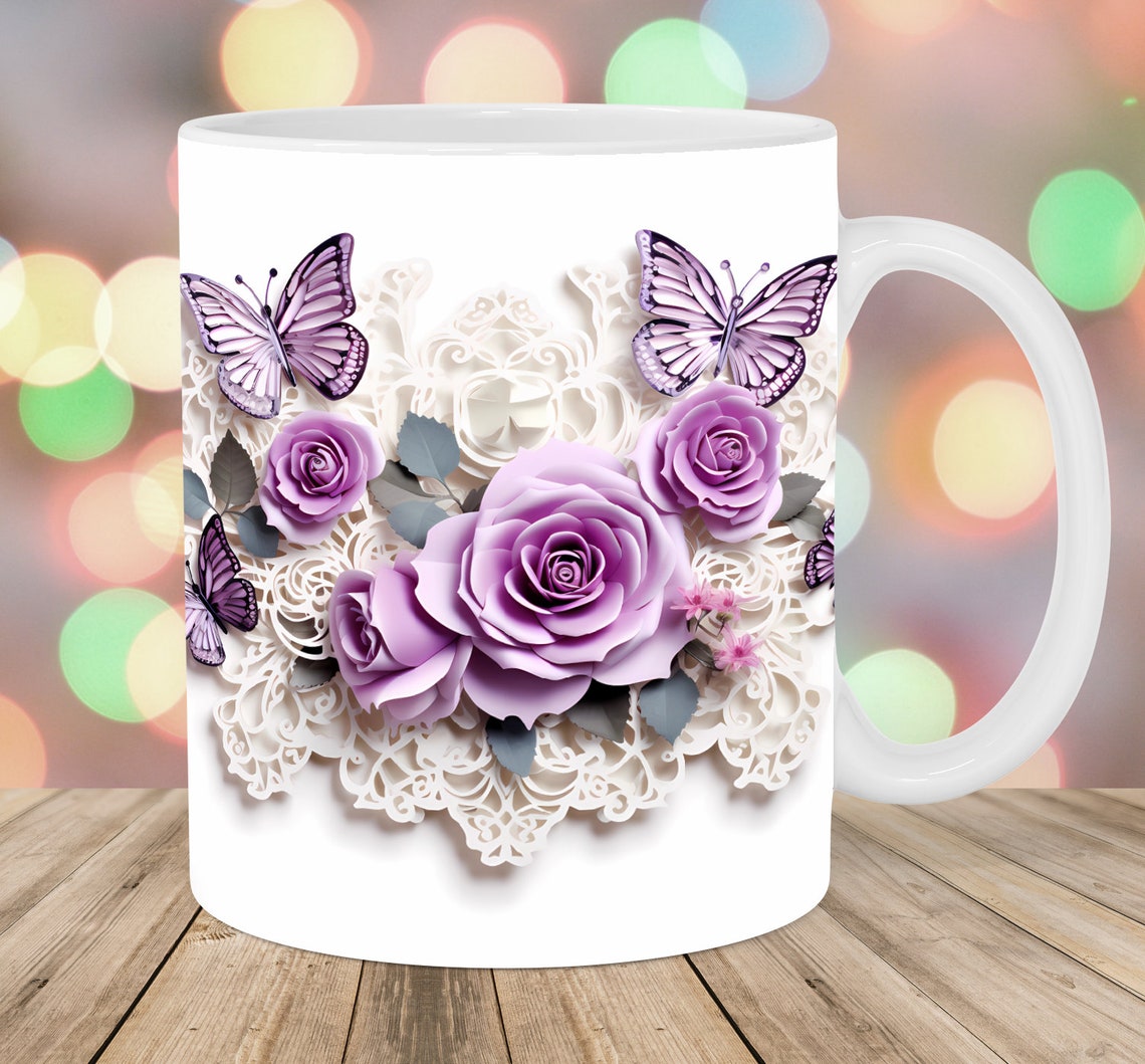 3D Purple Butterflies Flowers Mug Wrap, 11oz and 15oz Mug Template, Mug ...
