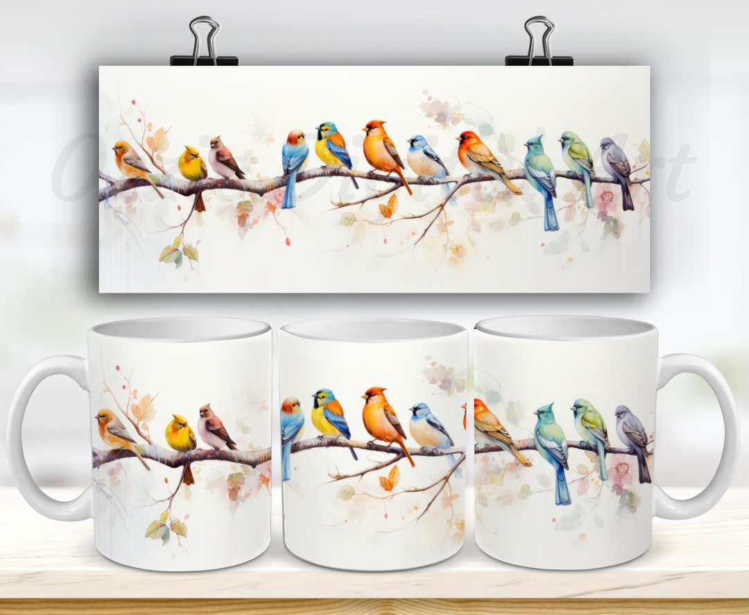 Watercolor Colorful Birds Mug Wrap, 11oz and 15oz Mug Template, Mug ...