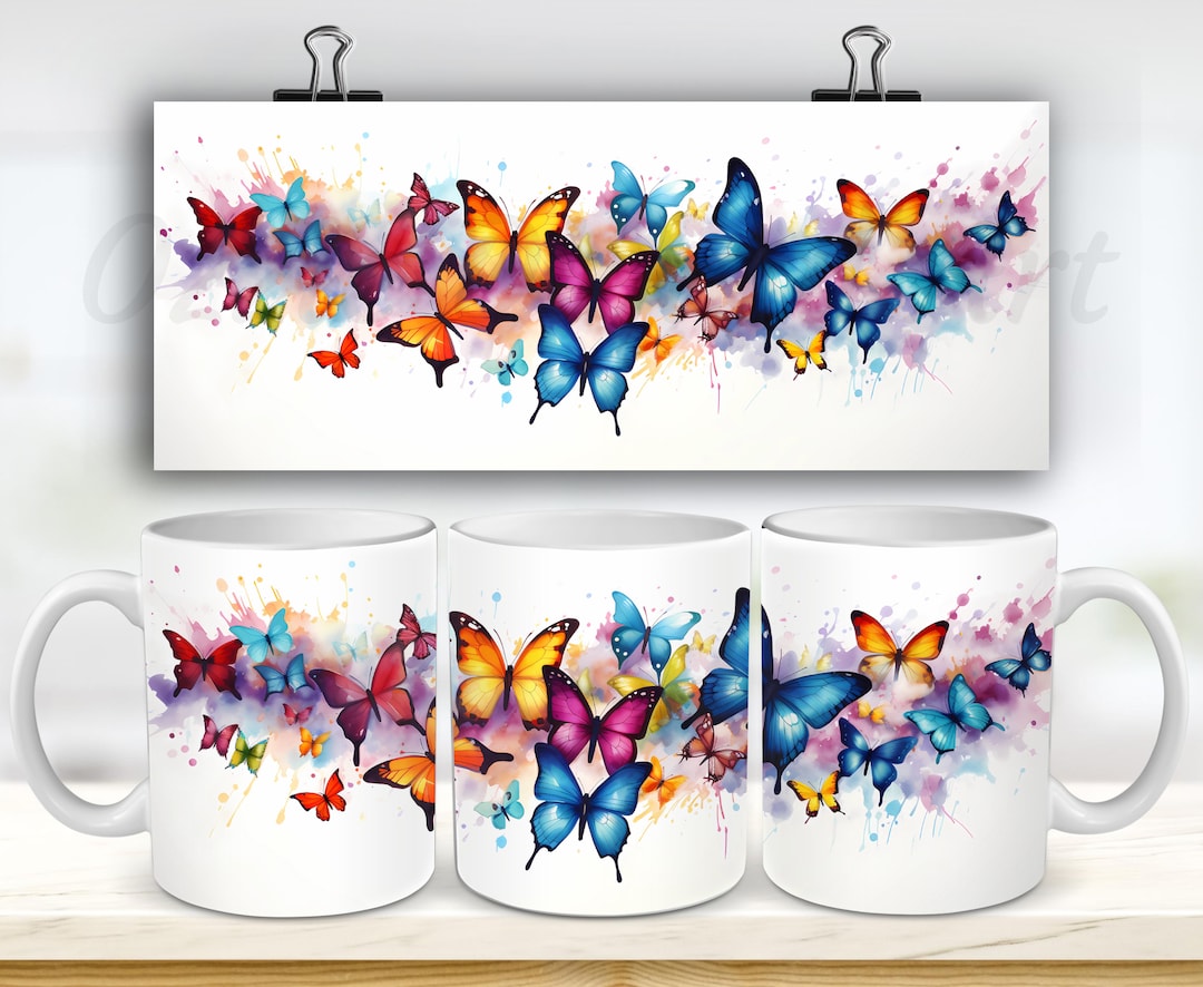 Watercolor Butterflies Mug Wrap, 11oz & 15oz Mug Template, Colorful Mug ...