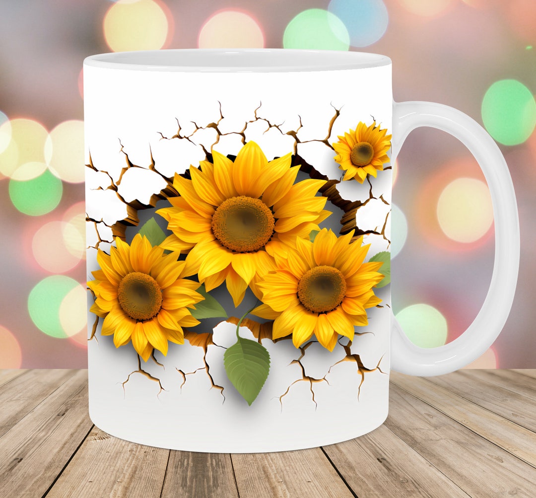 3D Hole in A Wall Sunflowers Mug Wrap, 11oz & 15oz Mug Template, Mug ...