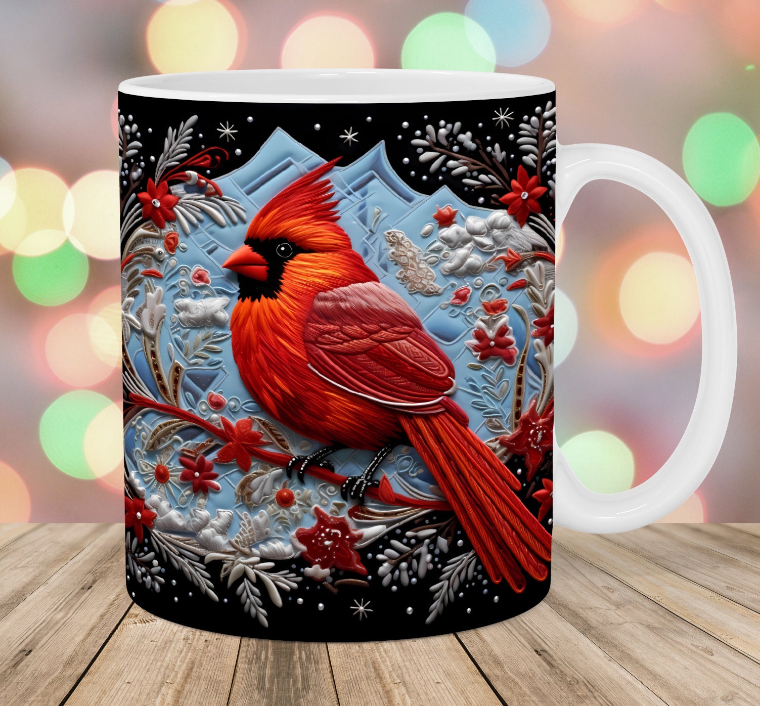 3D Embroidered Red Cardinal Mug Wrap, 11oz and 15oz Mug Template, Mug ...
