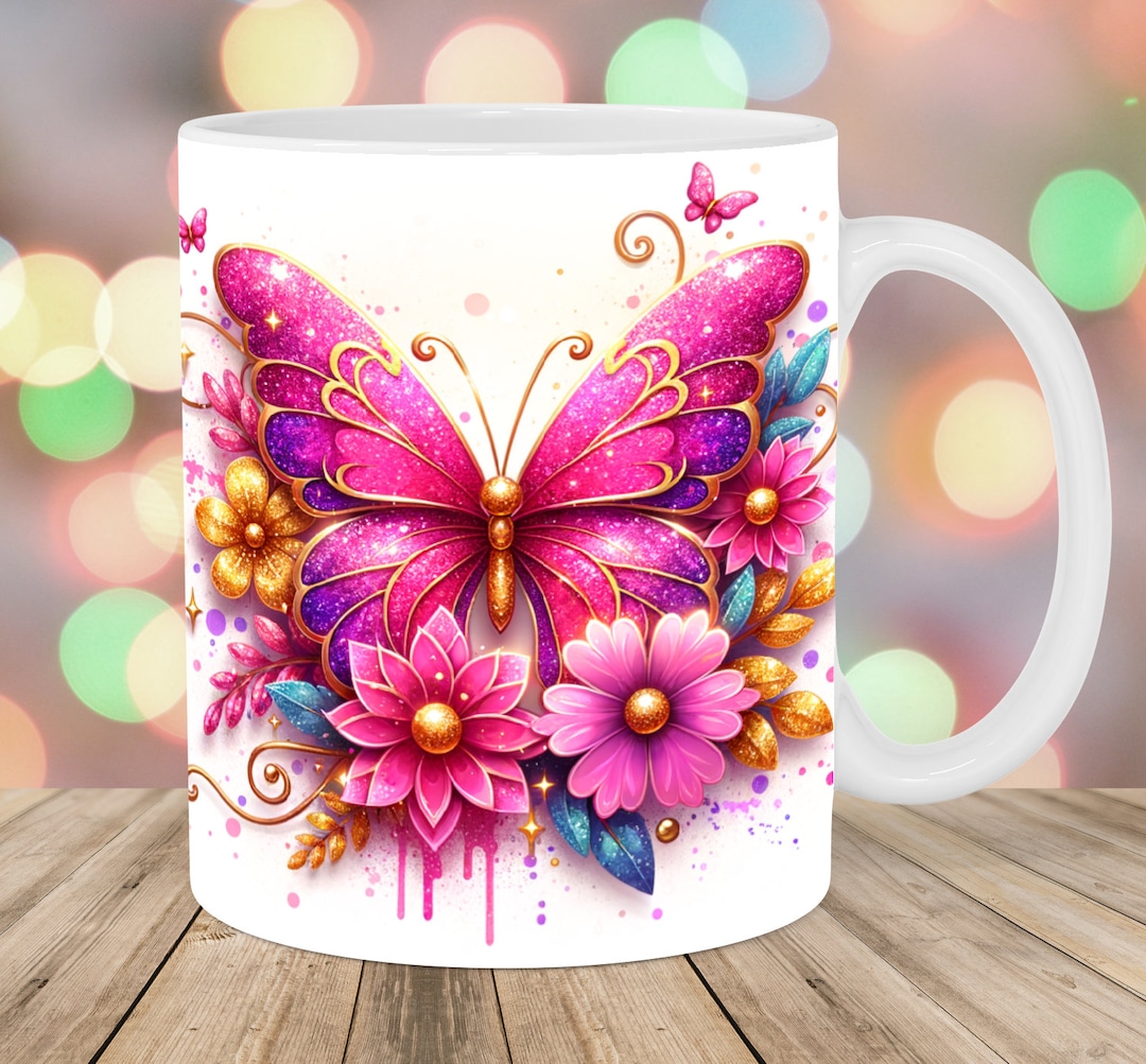 3D Pink Gold Butterfly Mug Wrap, 11oz & 15oz Mug Template, Mug ...