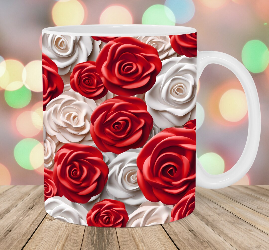 3D White Red Roses Mug Wrap, 11oz and 15oz Mug Template, Mug ...