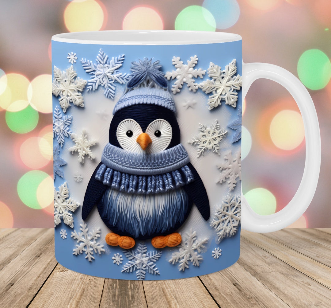 3D Embroidered Winter Penguin Mug Wrap, 11oz and 15oz Mug Template, Mug ...