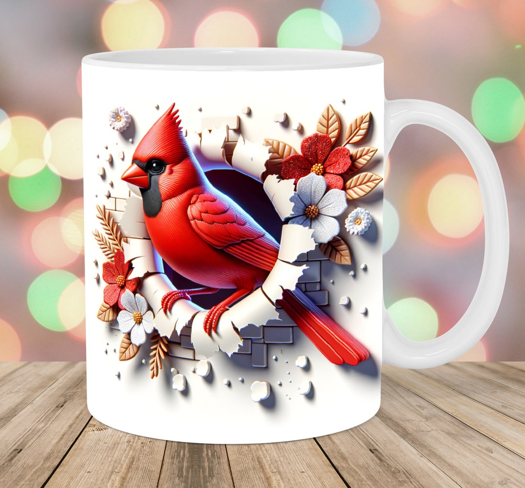 3D Red Cardinal Hole in A Wall Mug Wrap, 11oz & 15oz Mug Template, Mug ...