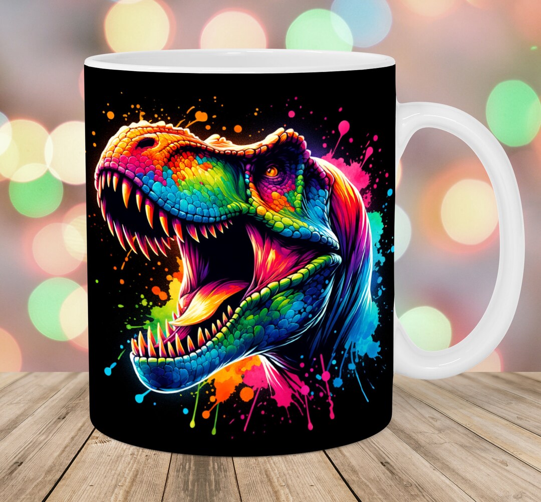 Colorful Neon T-rex Mug Wrap, 11oz and 15oz Mug Template, Mug ...