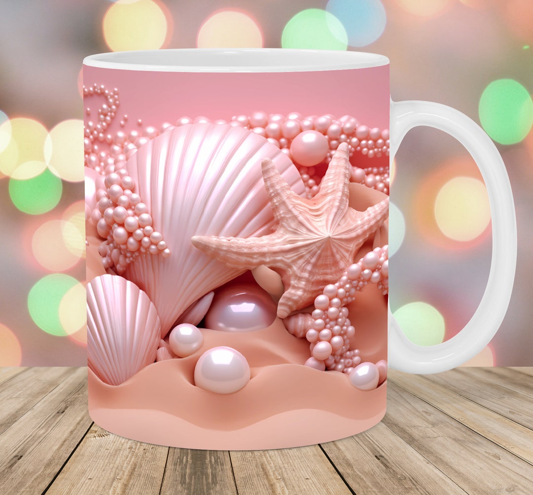 3D Pink Pearls Seashells Mug Wrap, 11oz & 15oz Mug Template, Mug ...