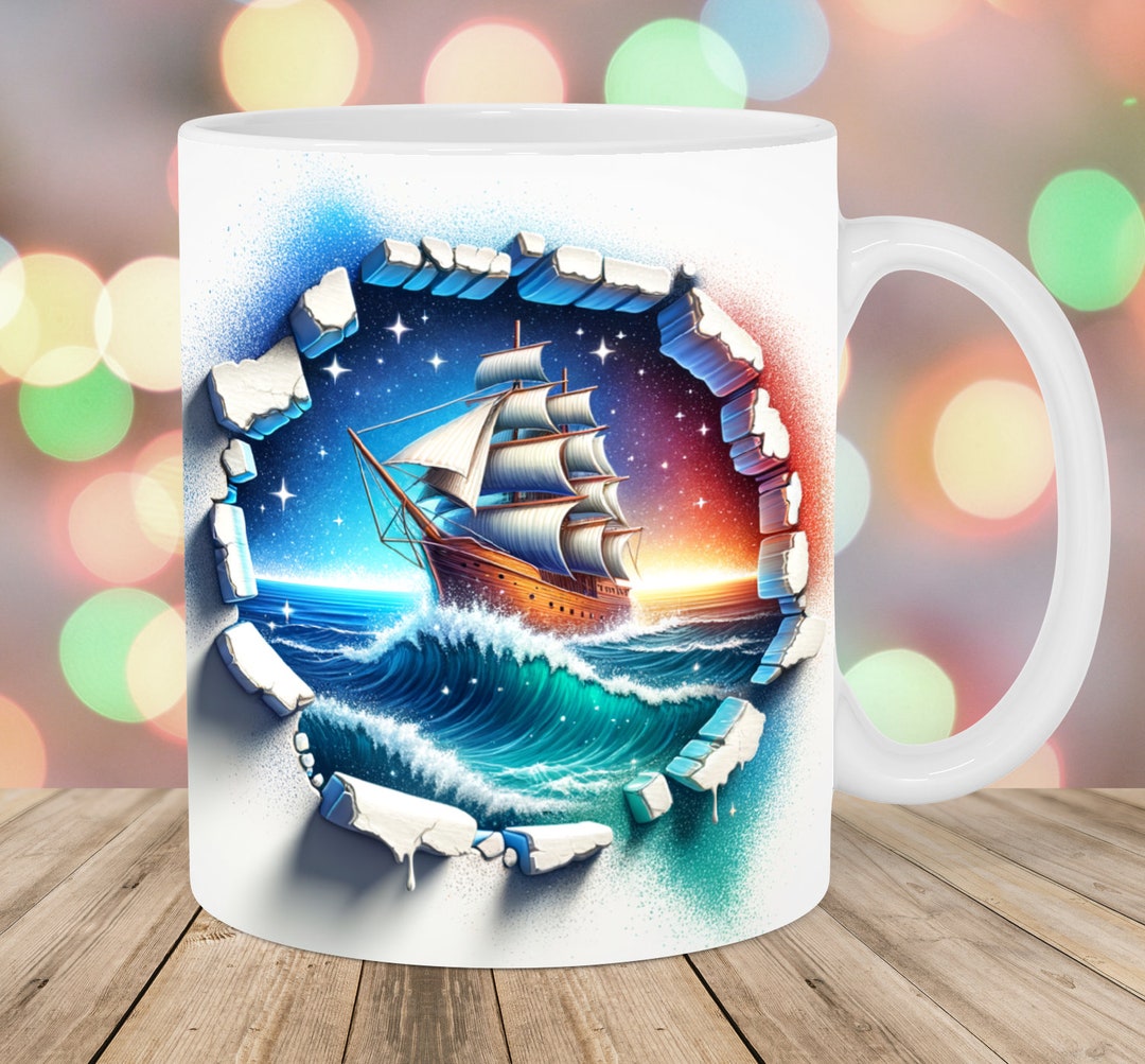 3D Ship Hole in A Wall Mug Wrap, 11oz and 15oz Mug Template, Mug ...