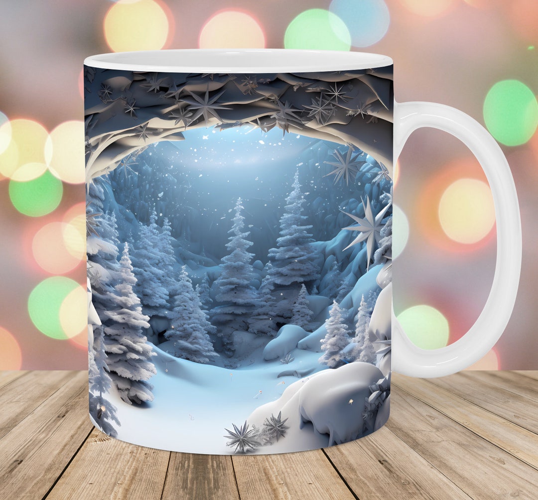 3D Winter Forest Hole in A Wall Mug Wrap, 11oz & 15oz Mug Template, Mug ...