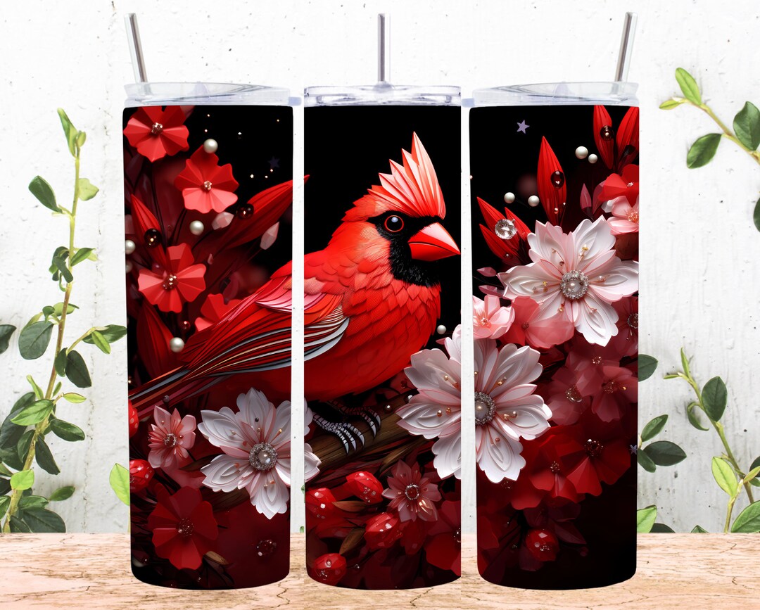 3D Crystal Red Cardinal Bird Flowers 20 Oz Skinny Tumbler Sublimation ...