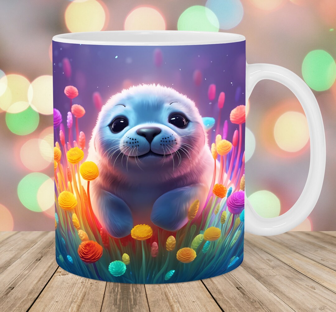 Colorful Neon Baby Seal Mug Wrap, 11oz and 15oz Mug Template, Mug ...