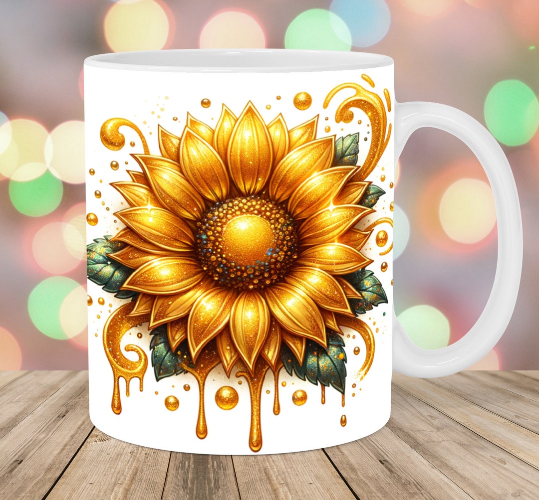 3D Gold Glitter Sunflower Mug Wrap, 11oz & 15oz Mug Template, Mug ...