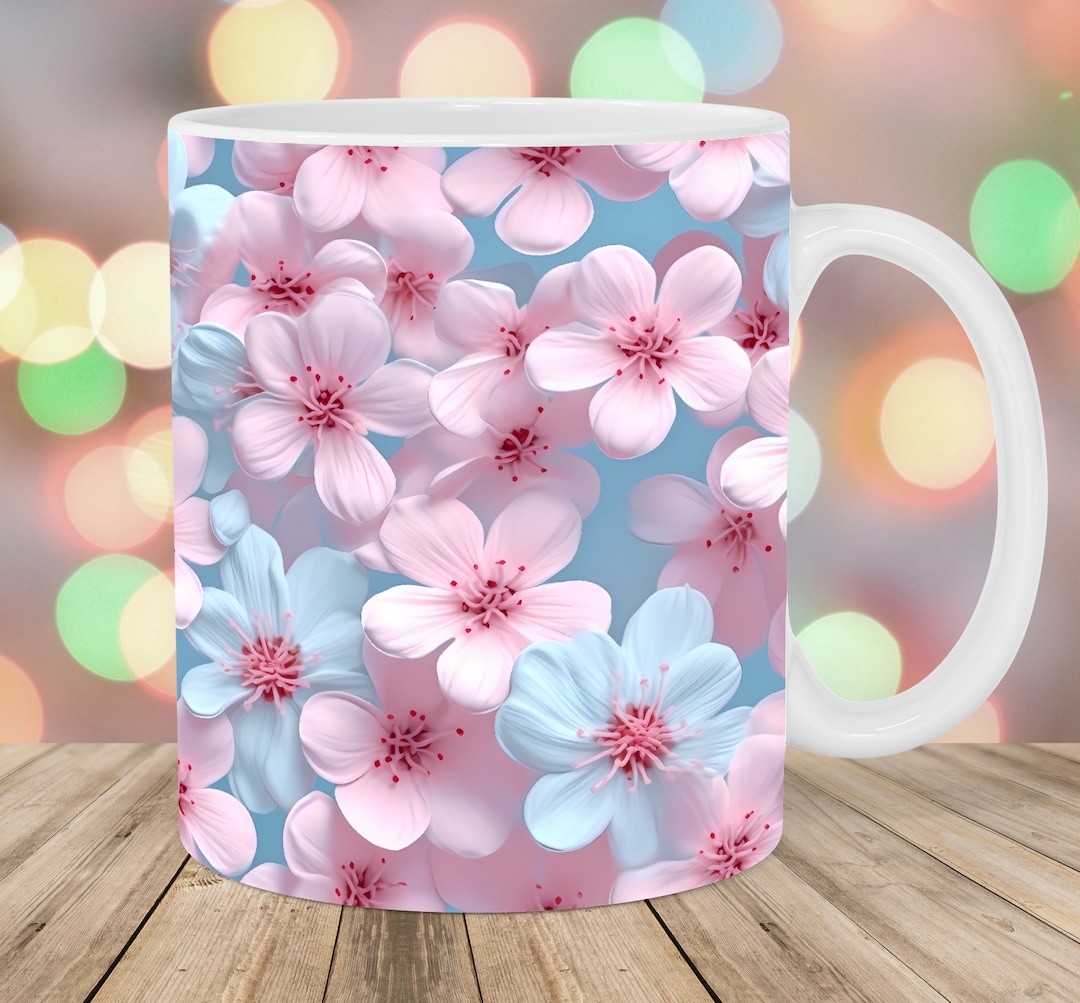 3D Blue Pink Cherry Blossom Mug Wrap, 11oz and 15oz Mug Template, Mug ...