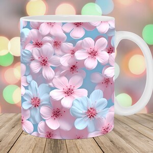 3D Blue Pink Cherry Blossom Mug Wrap, 11oz and 15oz Mug Template, Mug ...