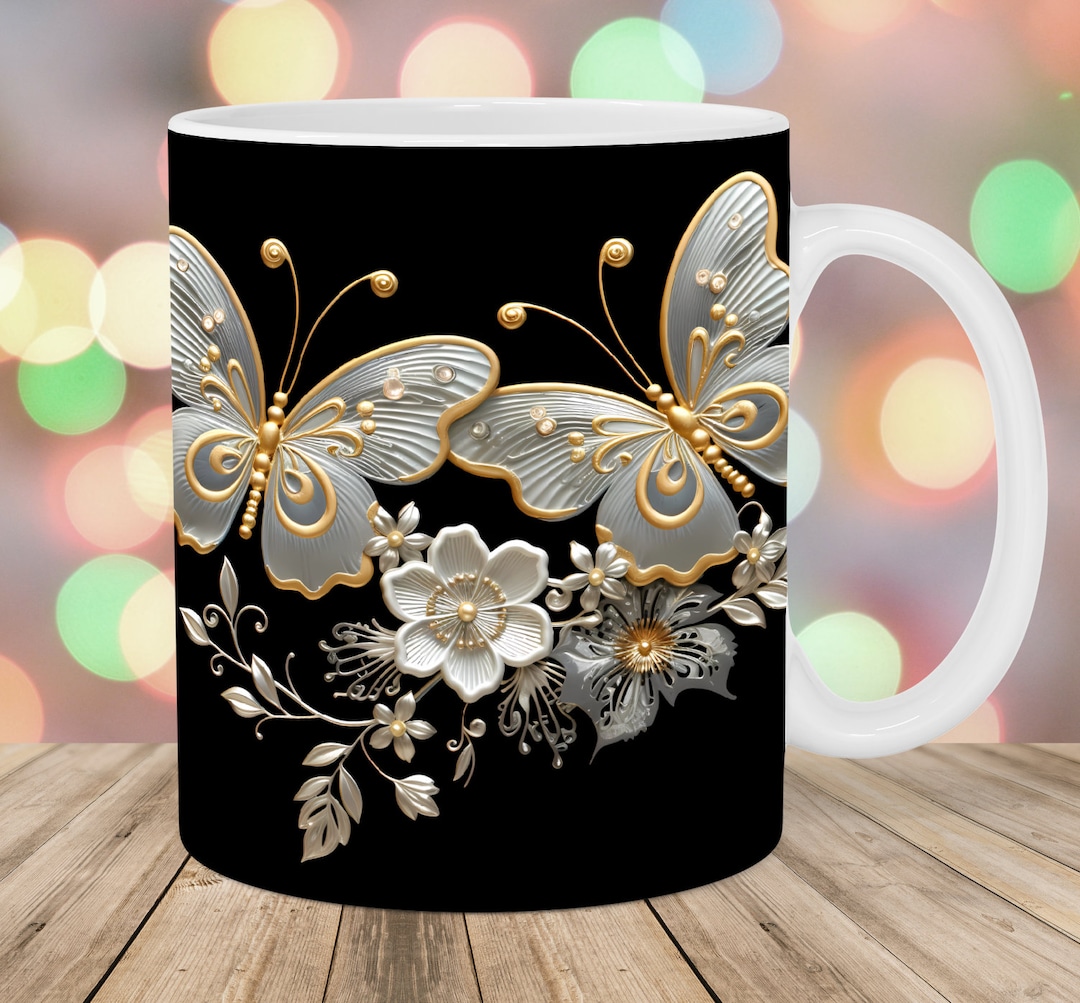 3D Gold Silver Butterflies Mug Wrap, 11oz & 15oz Mug Template, Mug ...