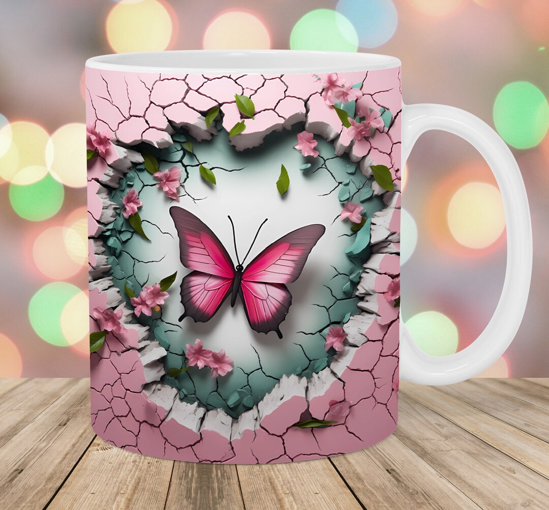 3D Crack in A Wall Pink Butterfly Mug Wrap, 11oz and 15oz Mug Template ...